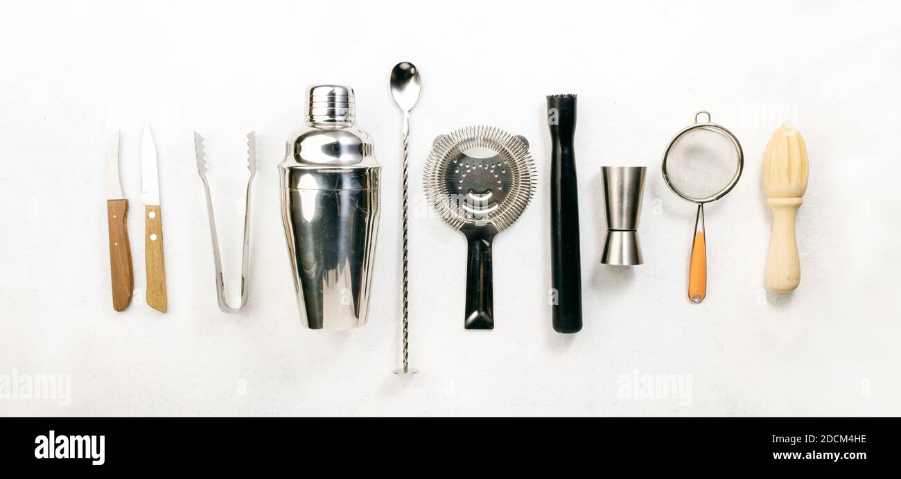Steel bar tools and accessories for making cocktail. Shaker, jigger ...
