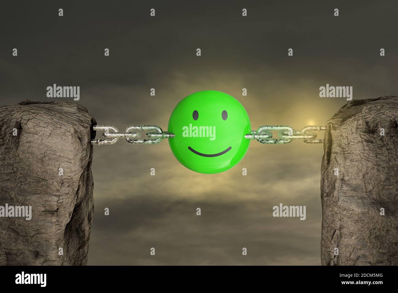 Two mountains connected with a chain by green smiling emoticon happy in ...