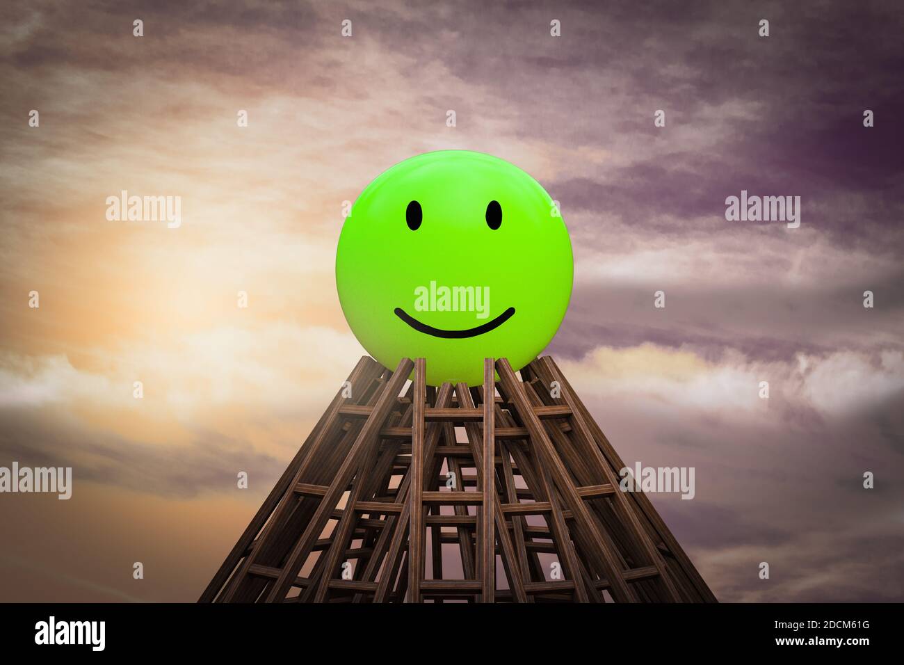 Green smiling emoticon happy on top of many ladders together as pyramid ...