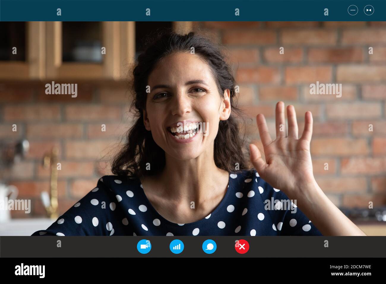 Caucasian sincere woman making hello hi gesture Stock Photo - Alamy