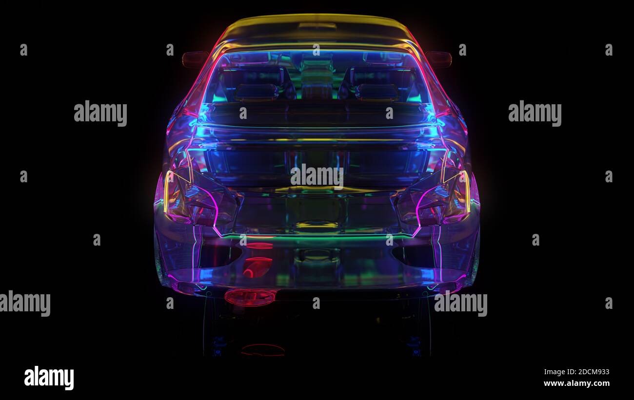 Glass car with neon lighting. The edges of the car are highlighted ...