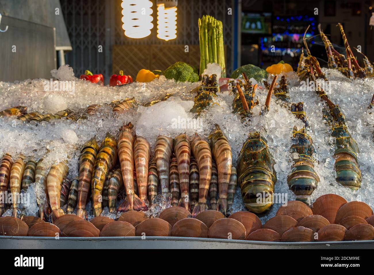 Tiger prawn barbeque served at the night market. The famous night ...