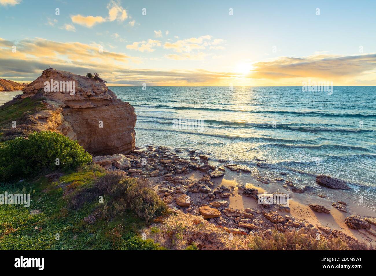 Beautiful sunset at Port Willunga beach viewed from the clifftop, South ...