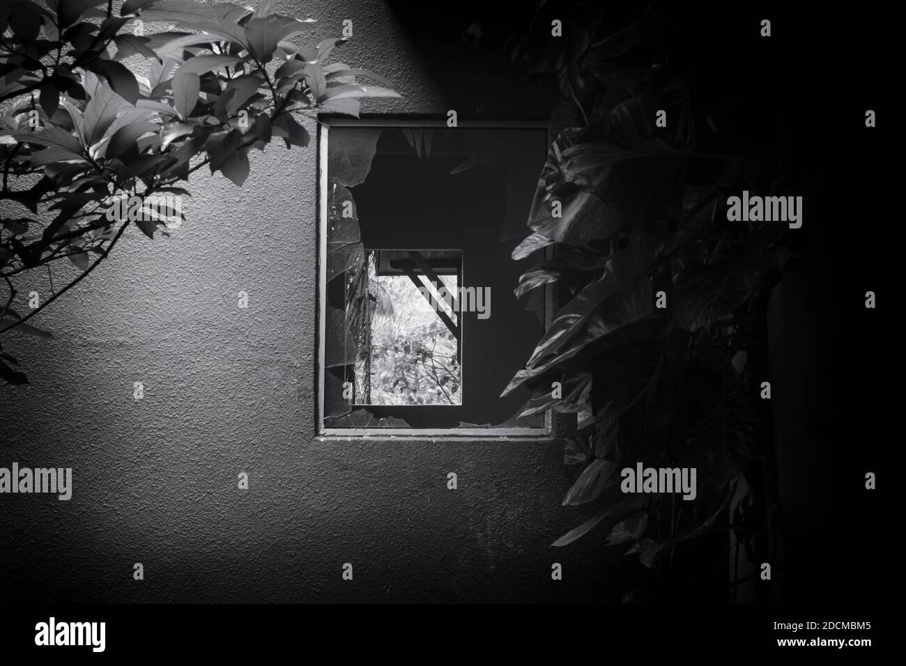 A broken glass window inside an abandoned building Stock Photo - Alamy