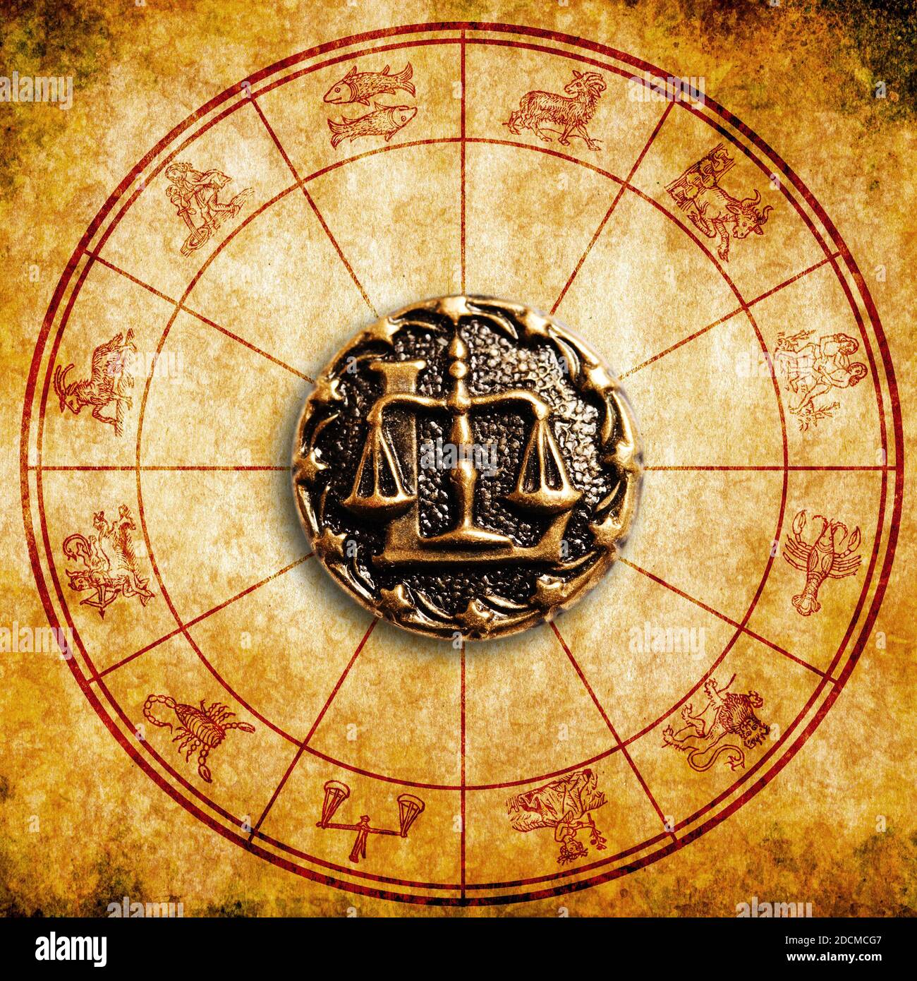 astrology sign of Libra and antique grunge astrological wheel with all ...