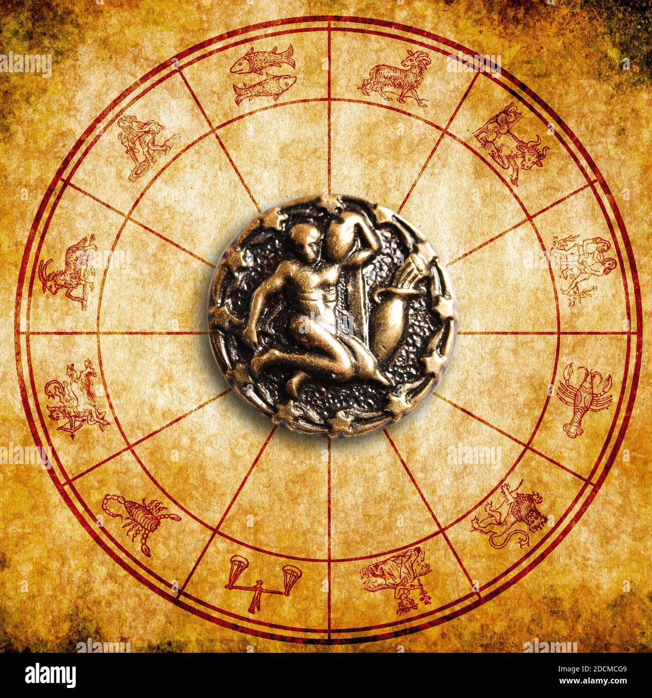 astrology sign of Aquarius and antique grunge astrological wheel with ...