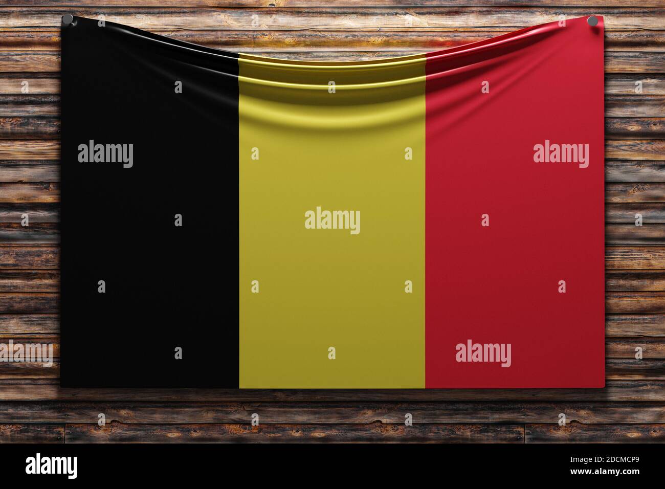 3D illustration of the national fabric flag of Belgium nailed on a ...