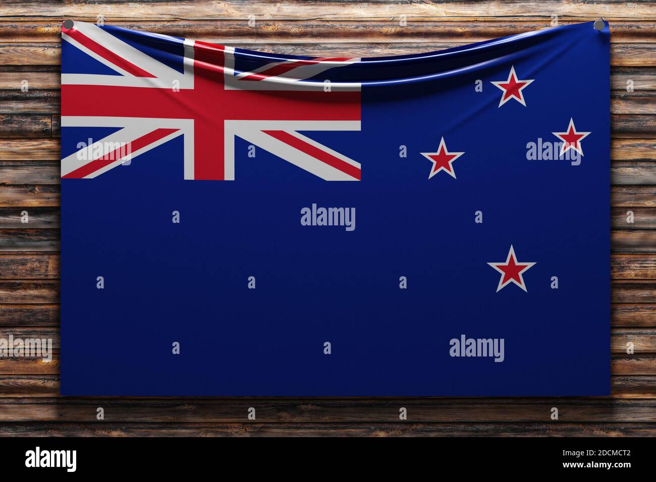 3D illustration of the national fabric flag of New Zealand nailed on a ...