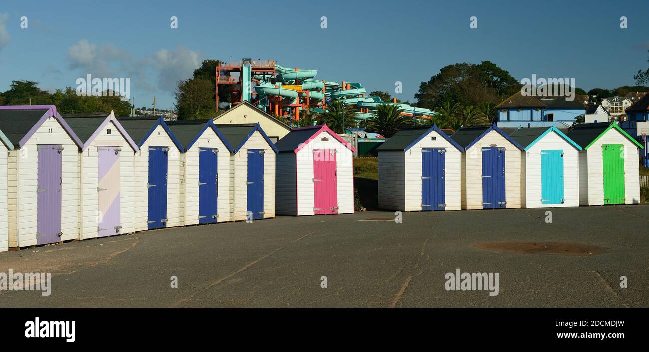 Beach huts at Goodrington on the south Devon coast, beside the Quaywest ...