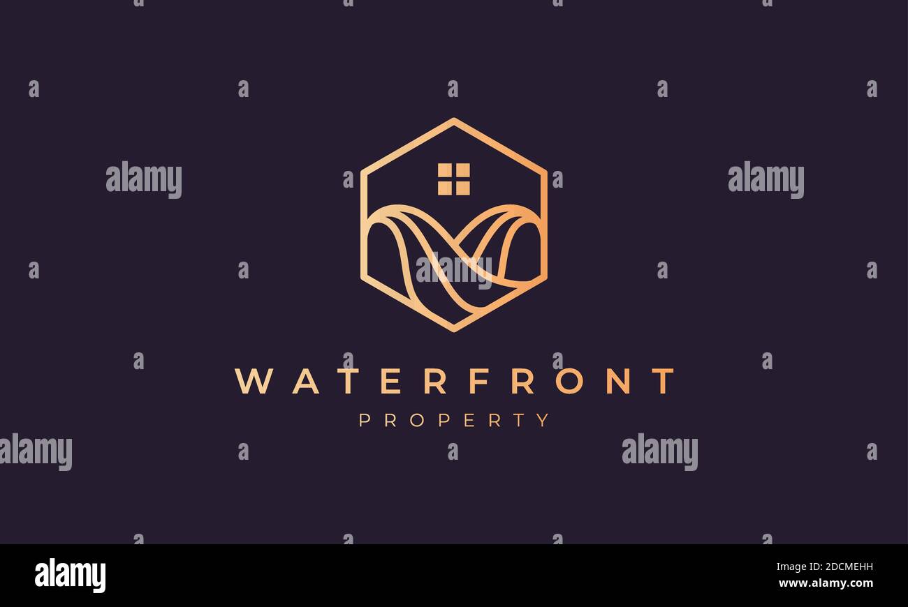 property agent logo with a hexagon base shape with ocean wave and ...
