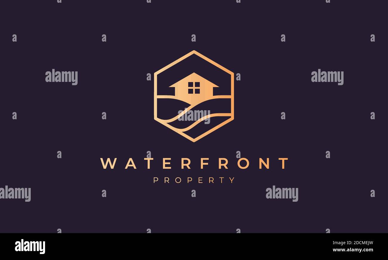 hotel logo with a hexagon base shape with ocean wave and window Stock ...