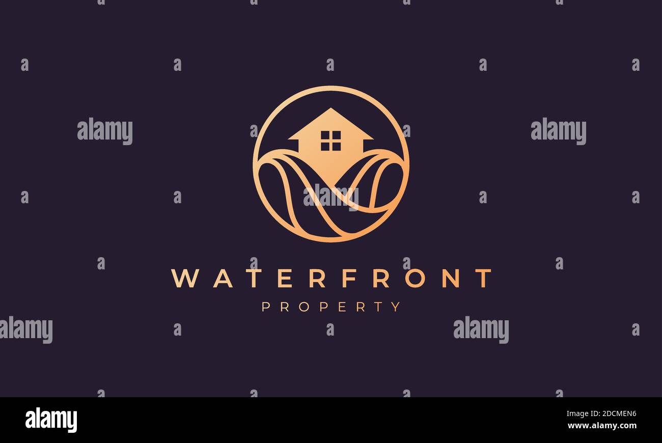 Property logo of gold line with house in circle shape with ocean wave ...