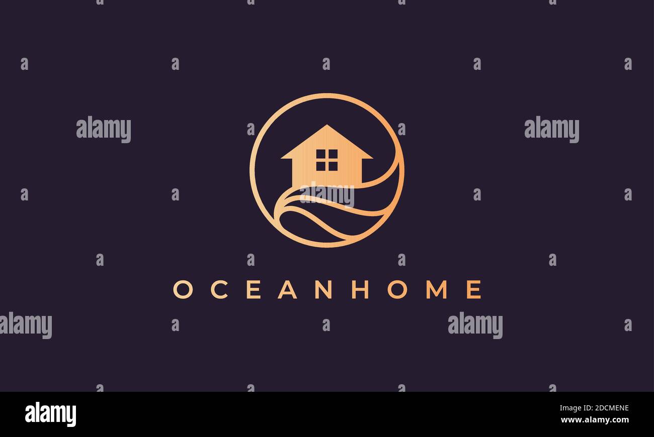 home logo of gold line with house in circle shape with ocean wave Stock ...