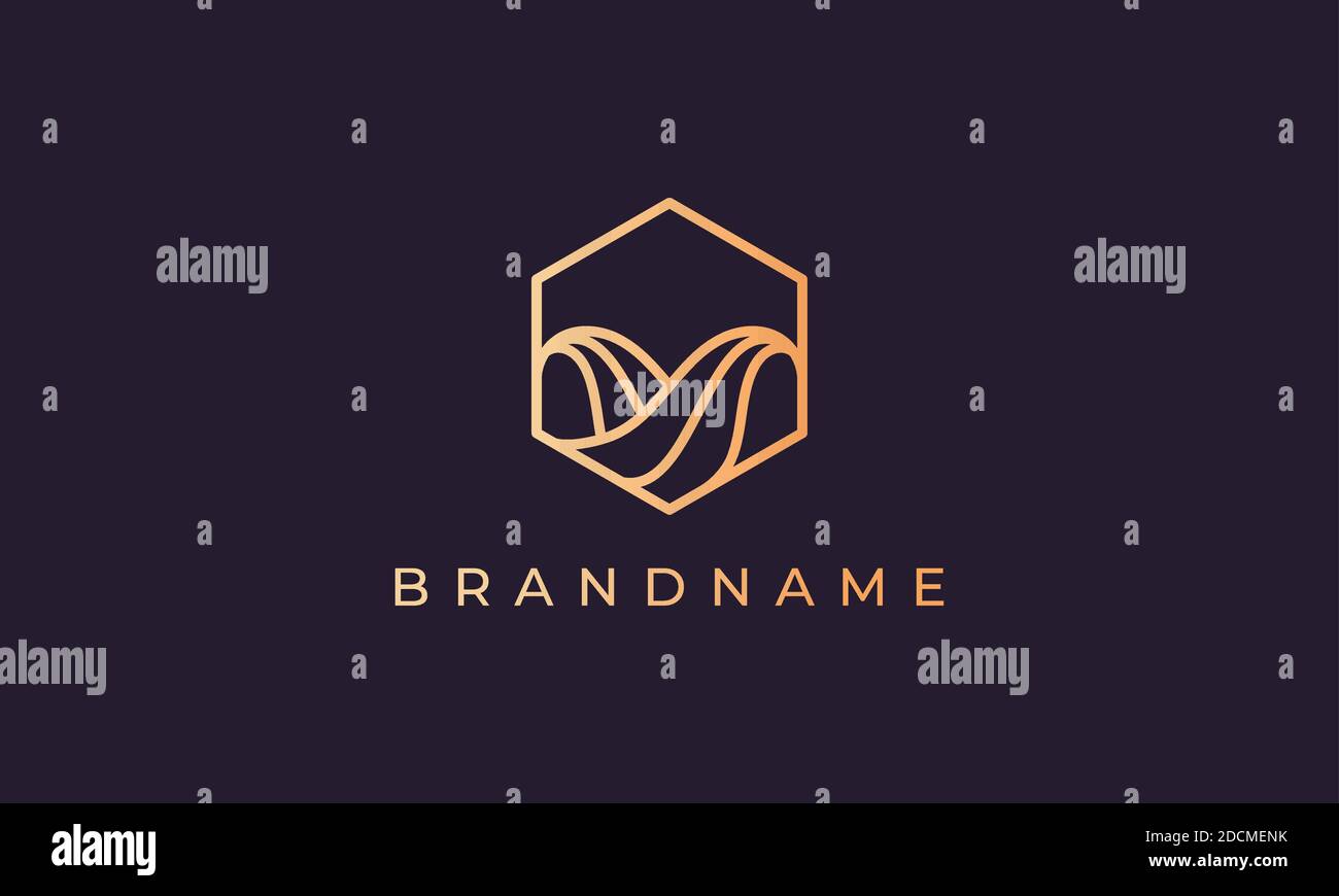 ocean wave logo with hexagon base shape and line art style and in gold ...