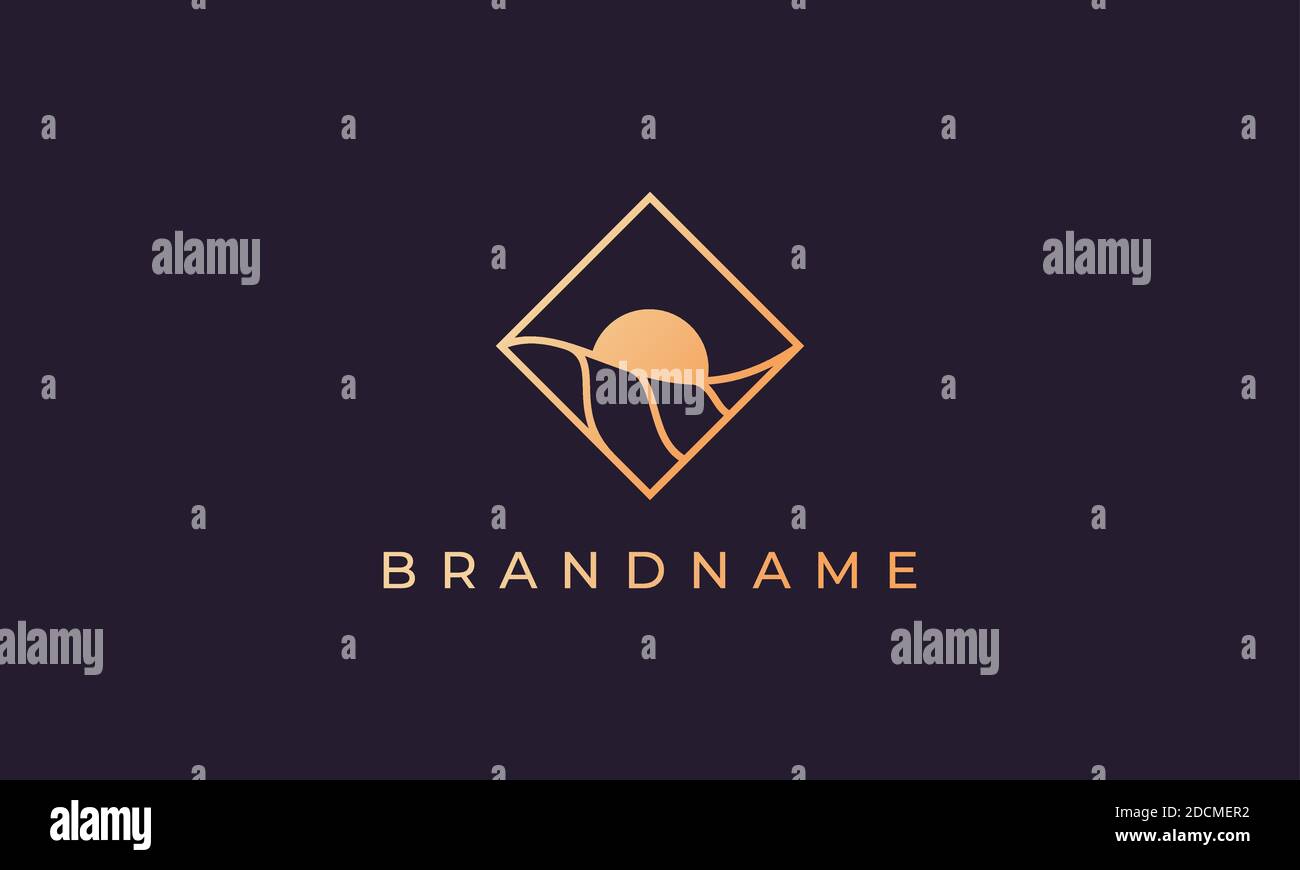 square logo with outline forming ocean wave and sun in a simple and ...