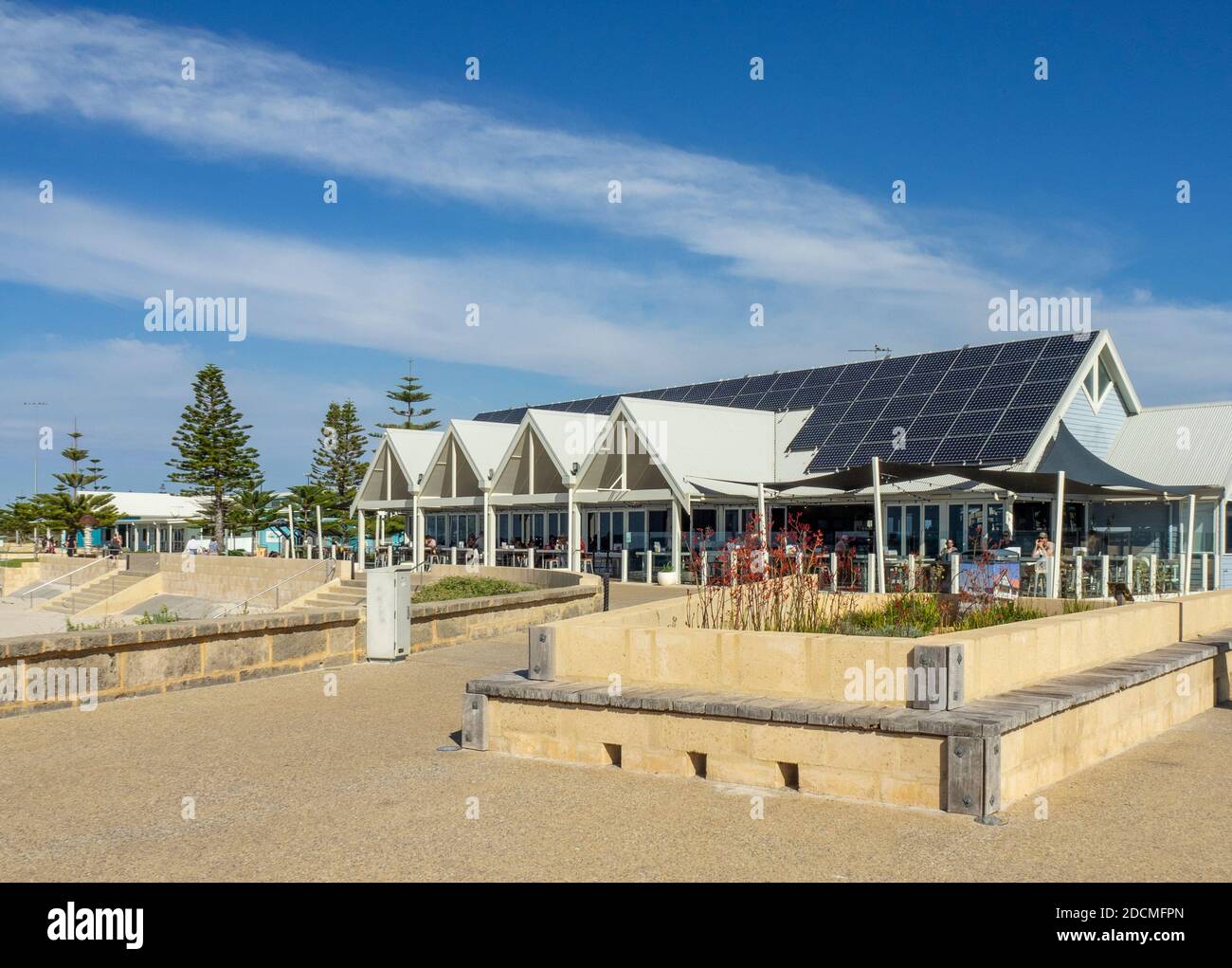 Solar panels on roof of The Goose restaurant cafe on waterfront ...