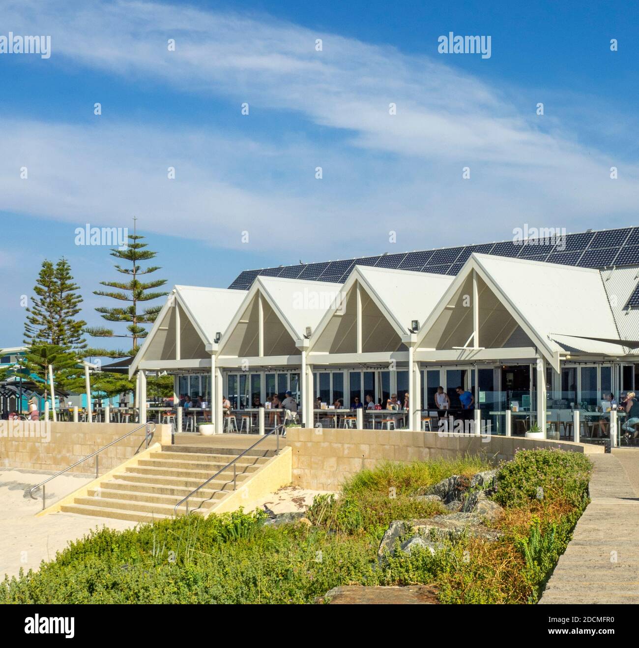 Solar panels on roof of The Goose restaurant cafe on waterfront ...
