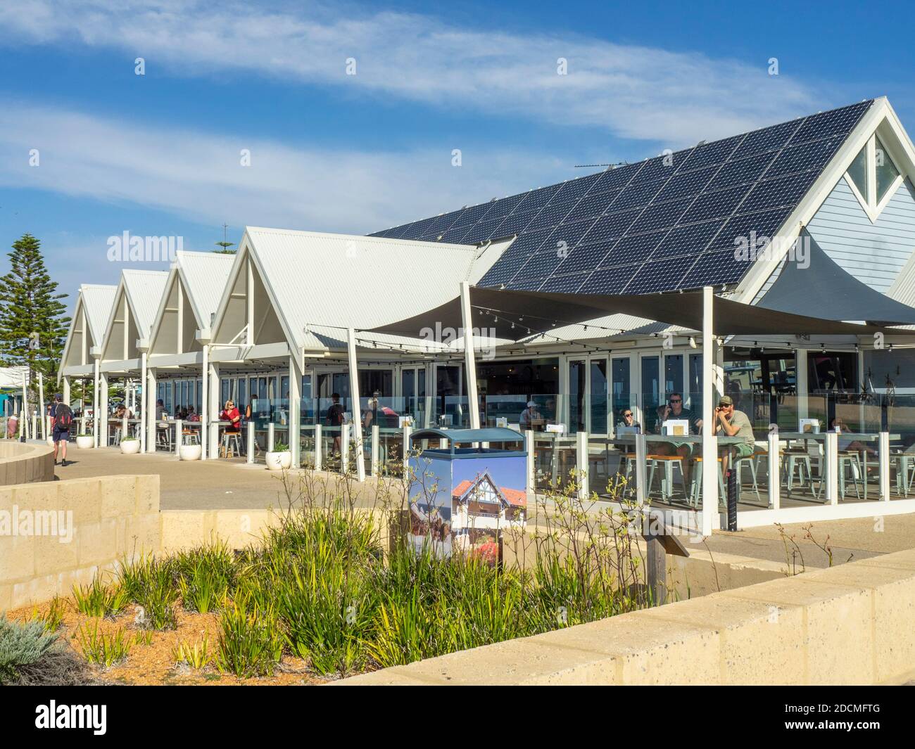 Solar panels on roof of The Goose restaurant cafe on waterfront ...