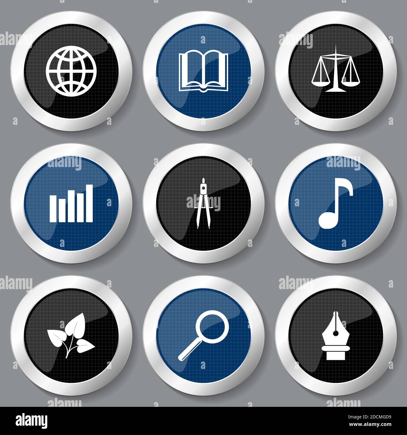 Education vector icons, set of science concept silver metallic glossy ...