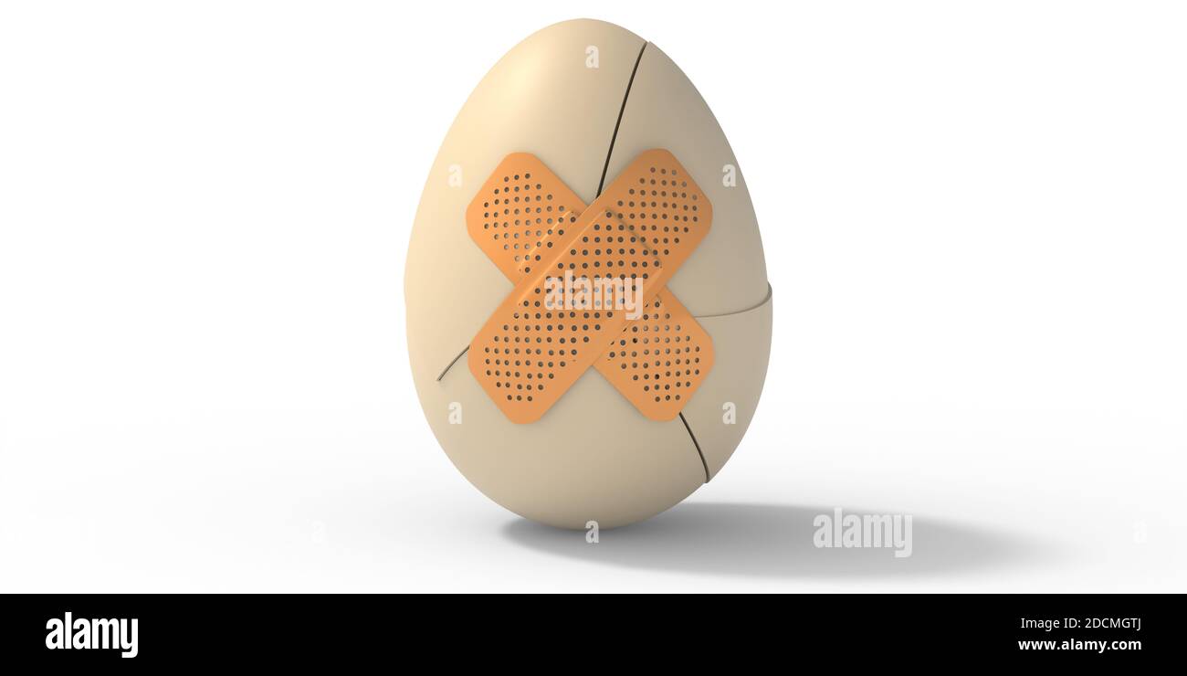Broken egg with a band aid isolated on white background. Cracked ...