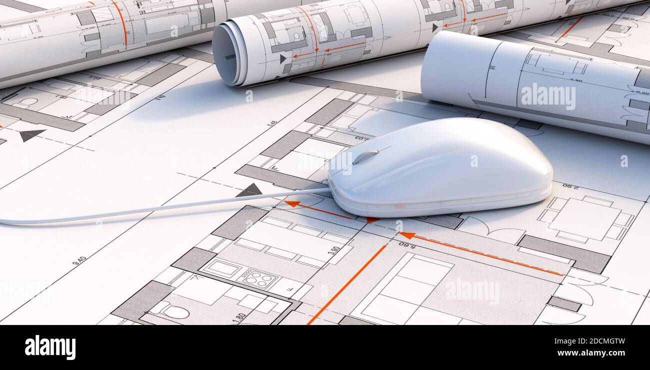 Construction project, architect engineer office concept. Computer mouse ...