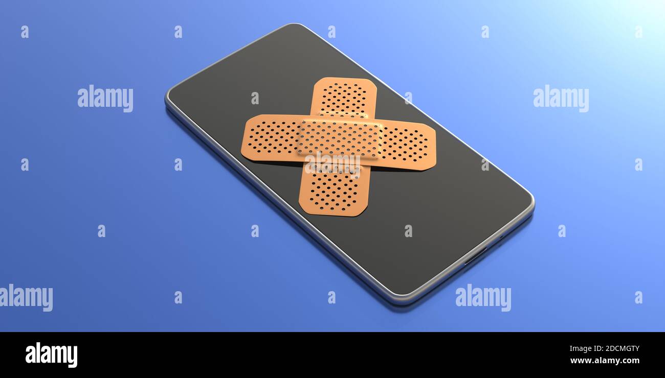 Mobile phone broken. Smartphone screen with a band aid on blue ...