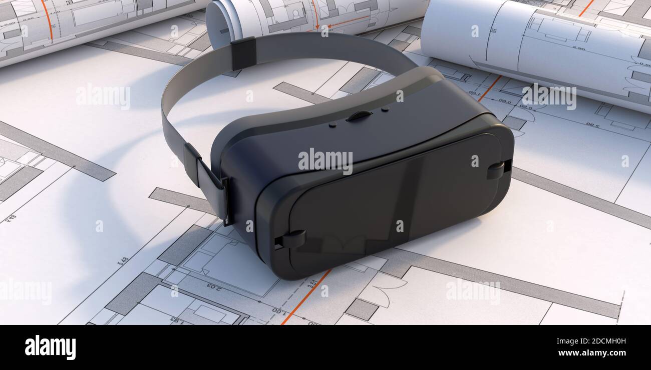 Construction project, virtual reality concept. VR glasses on blueprint ...