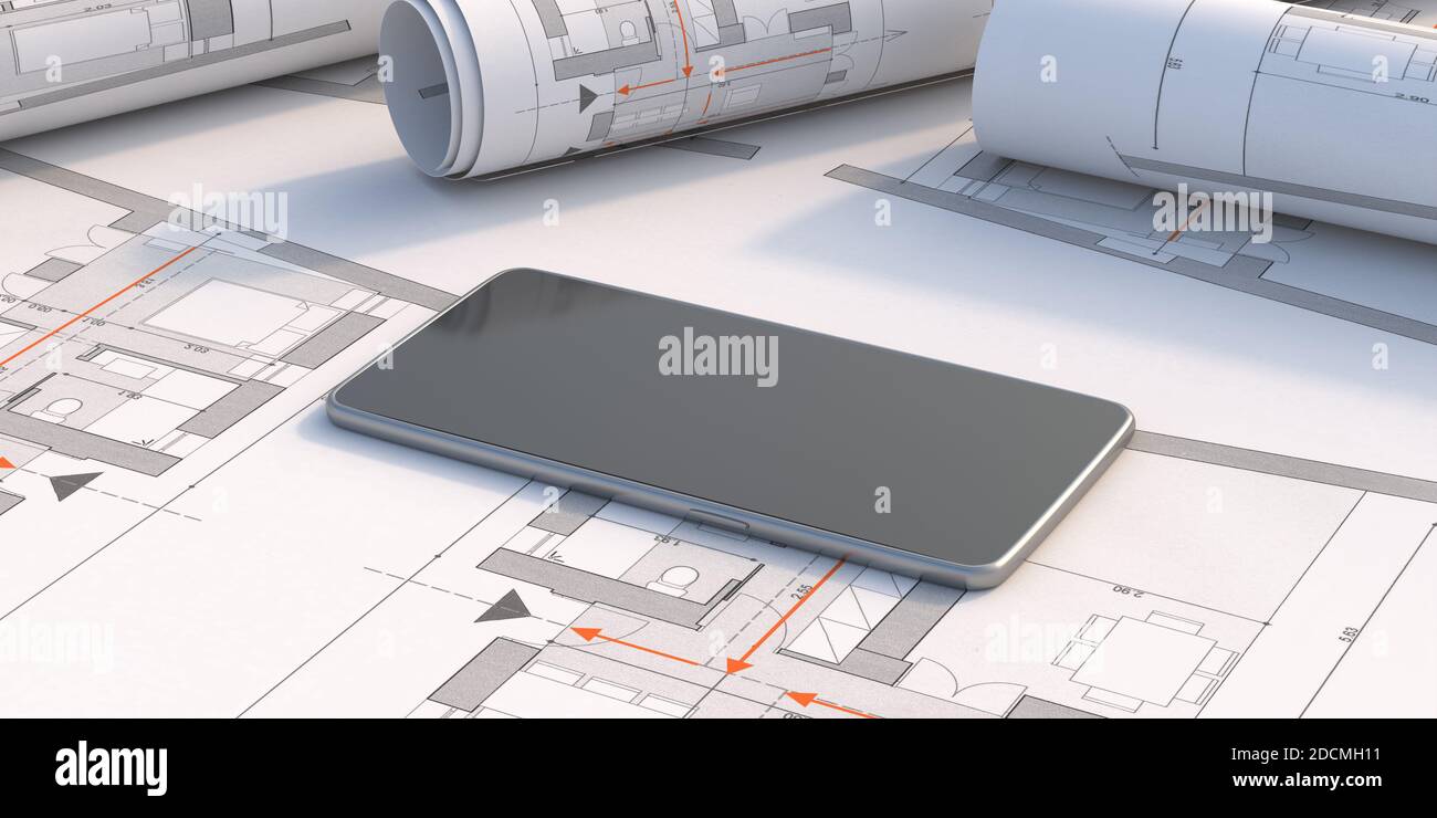 Construction project, architect engineer office concept. Mobile phone ...
