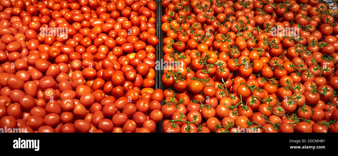 Display of roma and truss tomatoes in a grocery market Stock Photo - Alamy