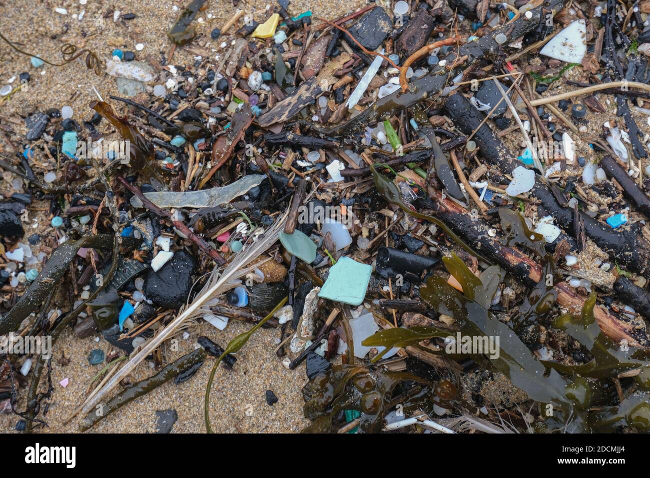 Plastic pollution on Mawgan Porth beach, Cornwall Stock Photo - Alamy