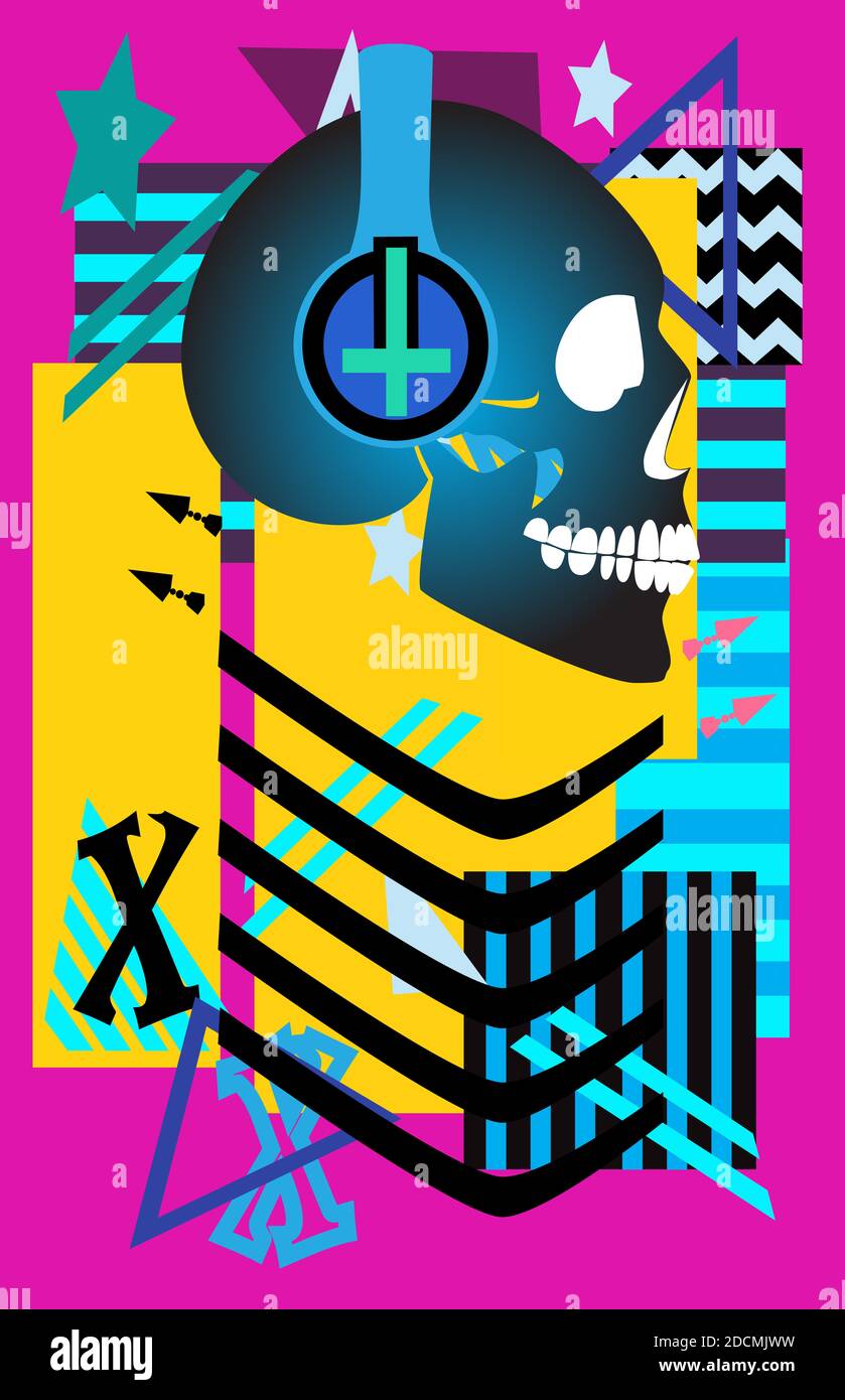 Robot skull with headphones and inverted cross, abstract background ...