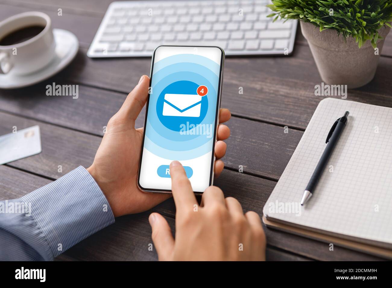 Collage with businessman opening unread messages in mobile email ...