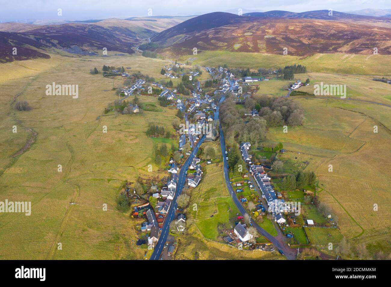 Aerial view of village of Leadhills in Dumfries and Galloway, Scotland ...