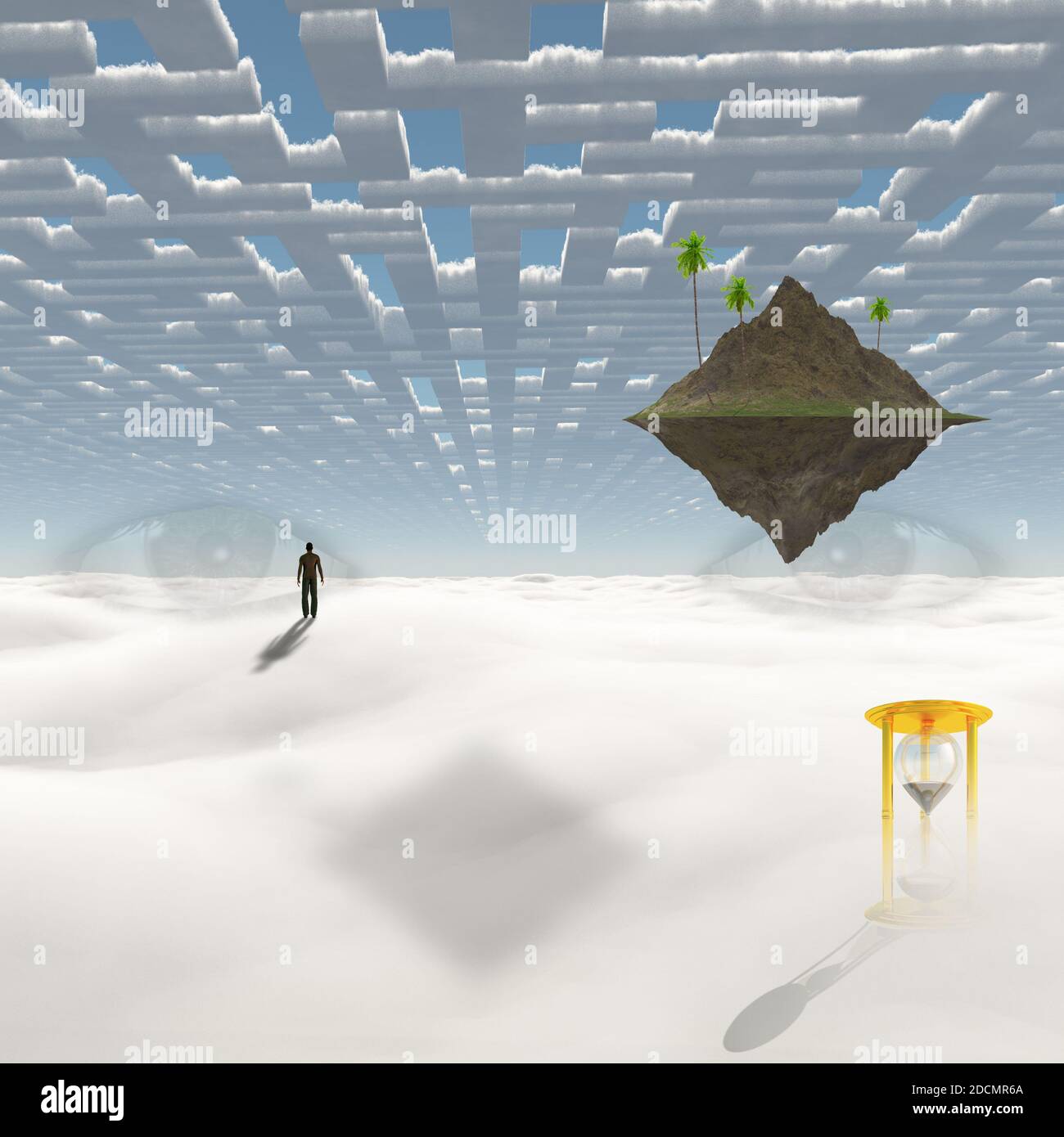 Man on the way to floating island. 3D rendering Stock Photo - Alamy