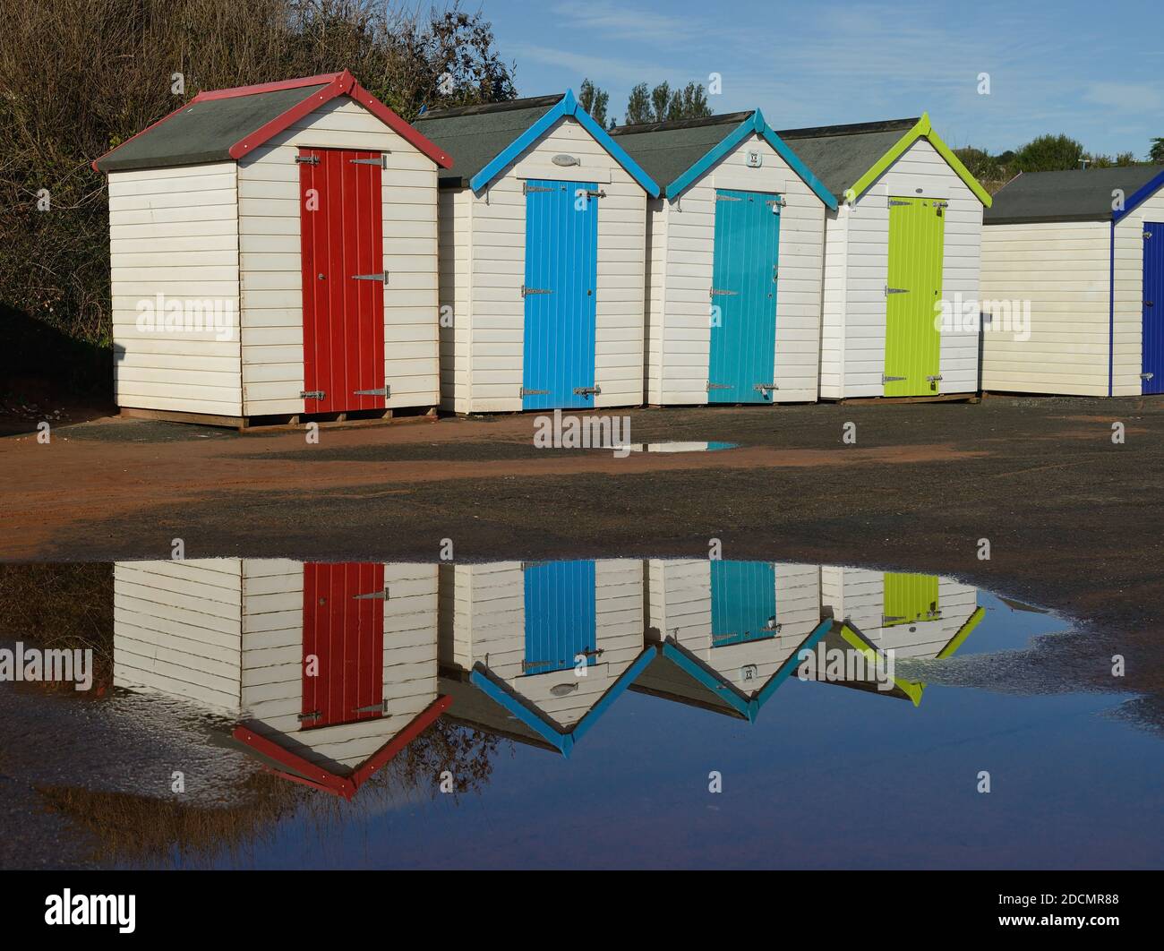 Beach hut reflections at Goodrington on the south Devon coast Stock ...