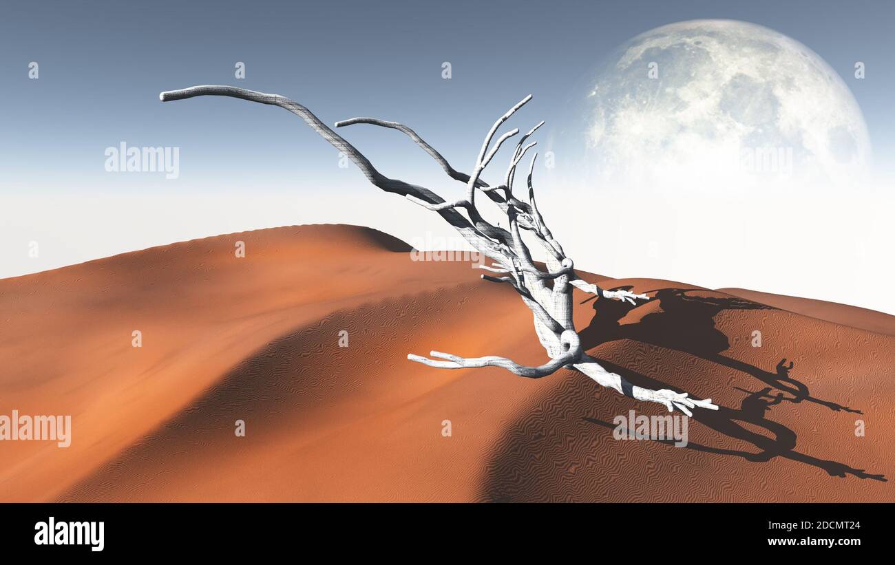 Red Sand Flat Desert with Moon and whithered tree branch. 3D rendering ...