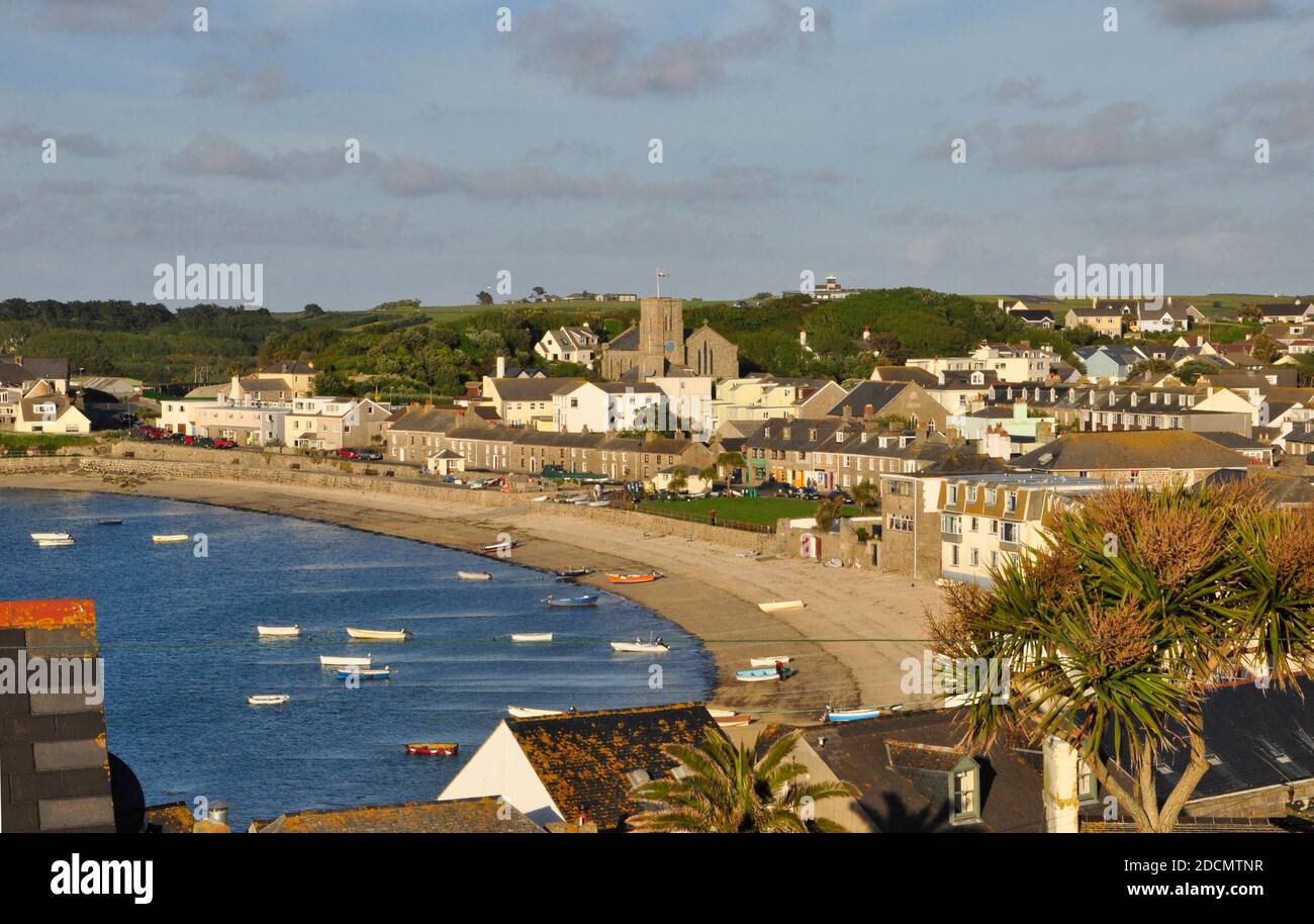 The calm harbour beach in Hugh Town, St Mary's, Isles of Scilly with ...