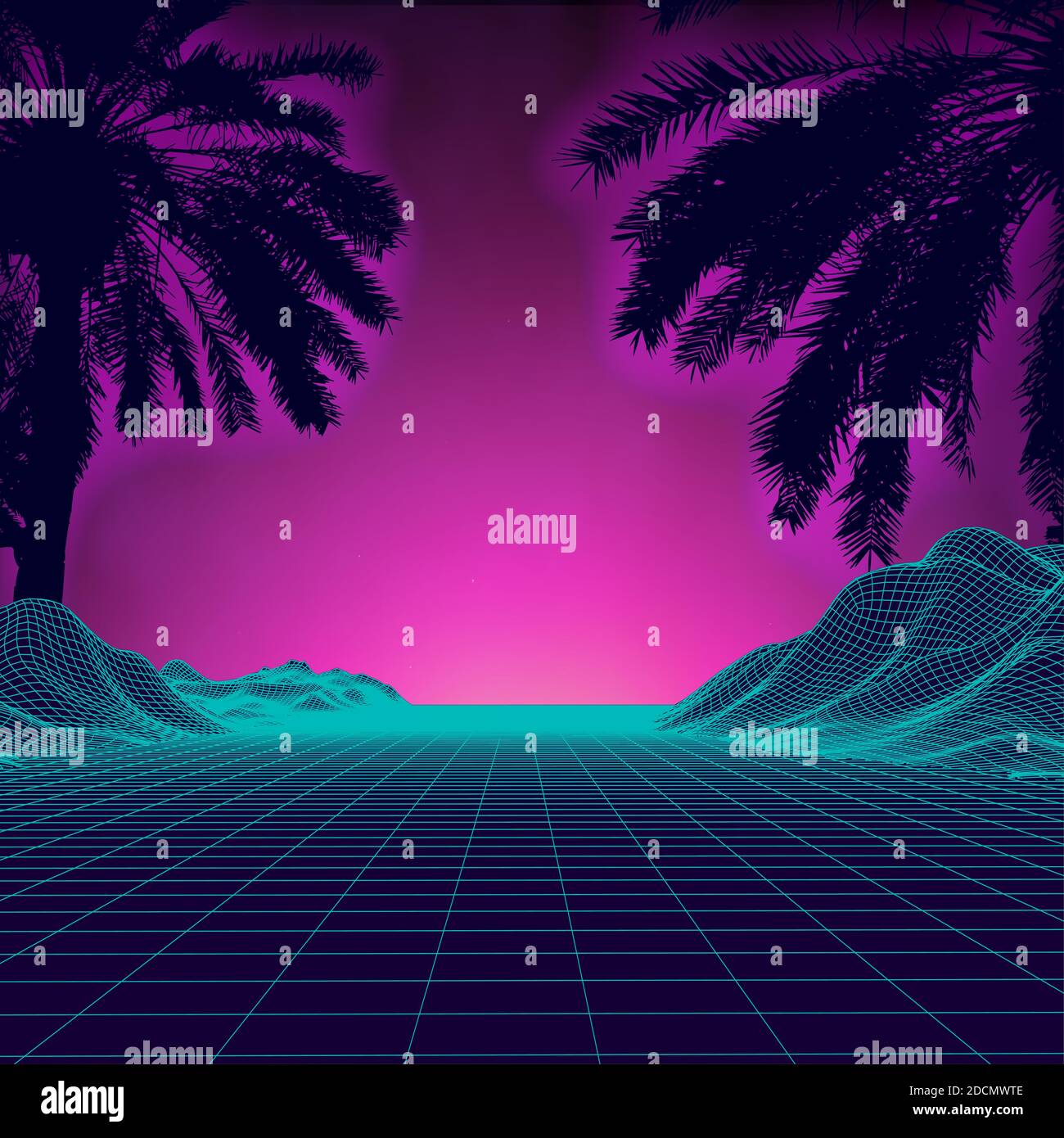 3d sunset on the beach. Retro palms vector sci fi background. Digital ...