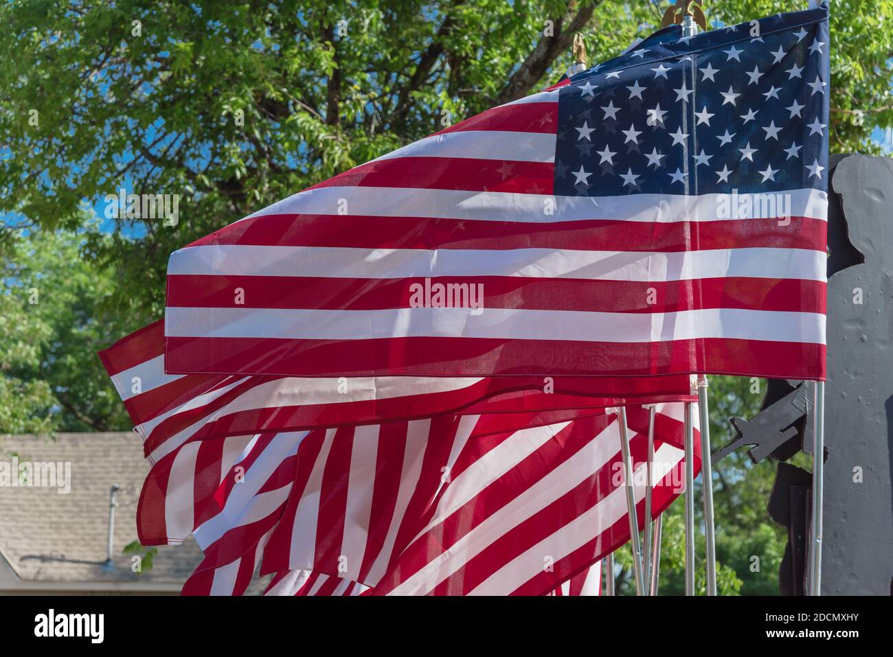 Looking up waving American flags with green trees background at a ...