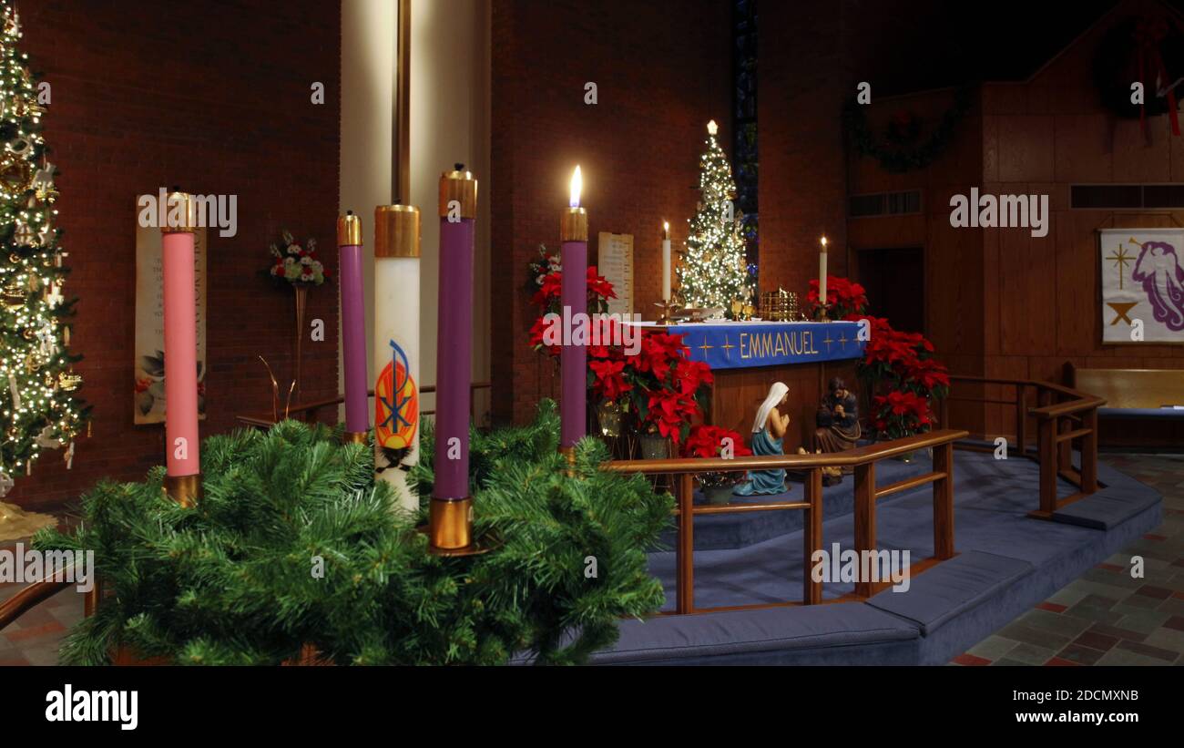 Advent wreath in church chancel with one candle lit - Advent First ...
