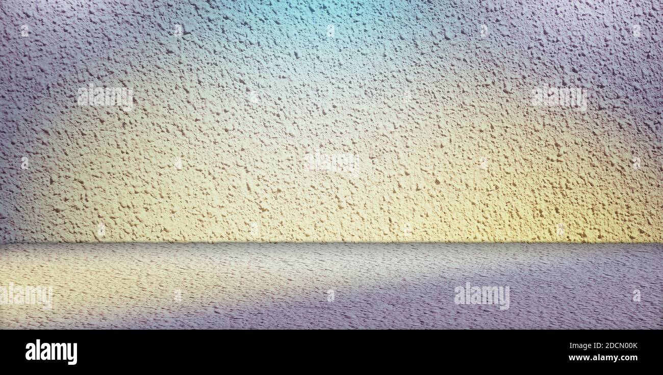 Empty light plastered wall illuminated with colorful lights, studio ...