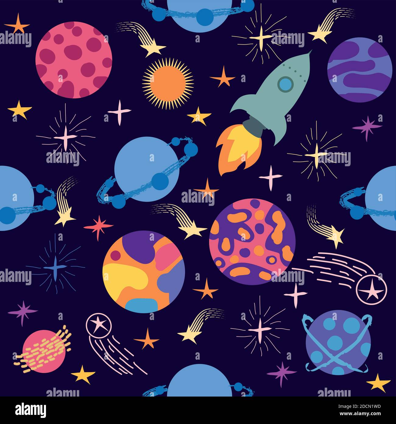 Seamless space pattern. Planets, rockets and stars. Cartoon spaceship ...