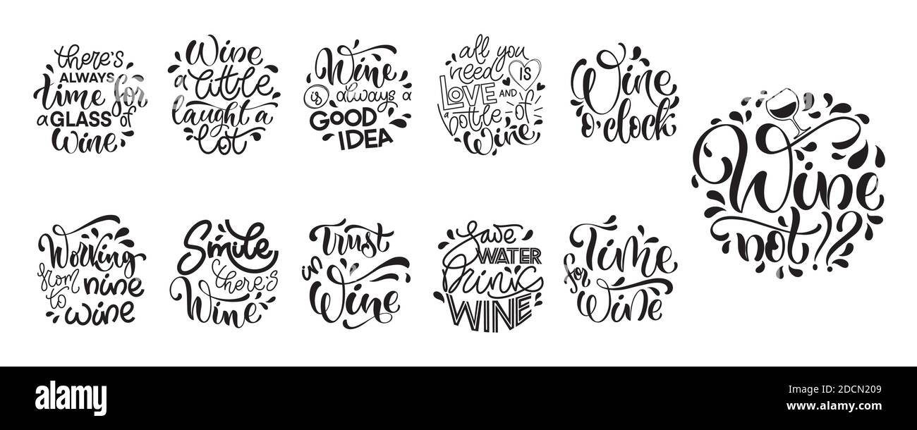 Wine vector hand lettering quotes set. Inspirational typography for bar ...
