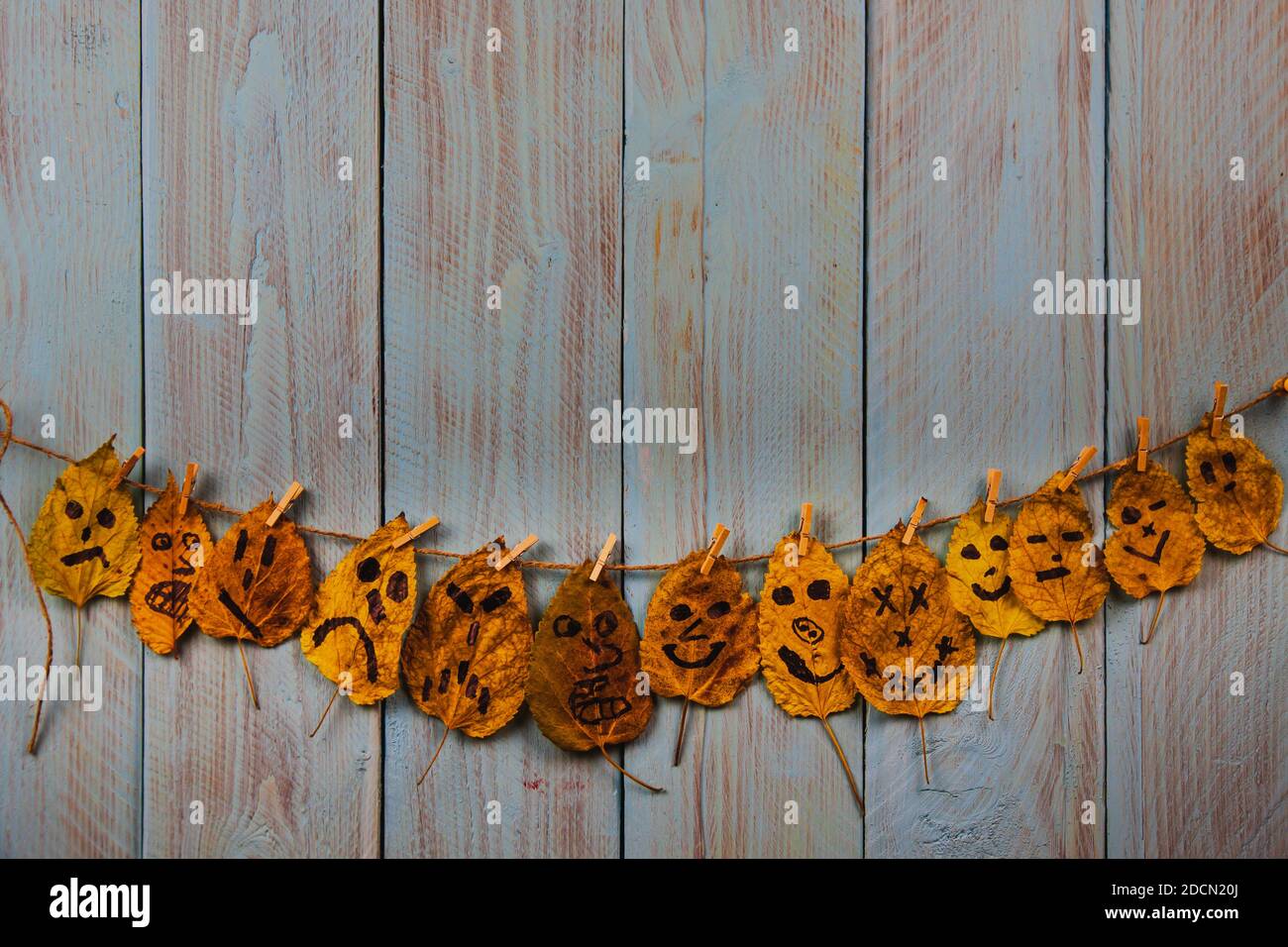Funny smiley emoticon face drawn on golden autumn leaves hanging on the ...