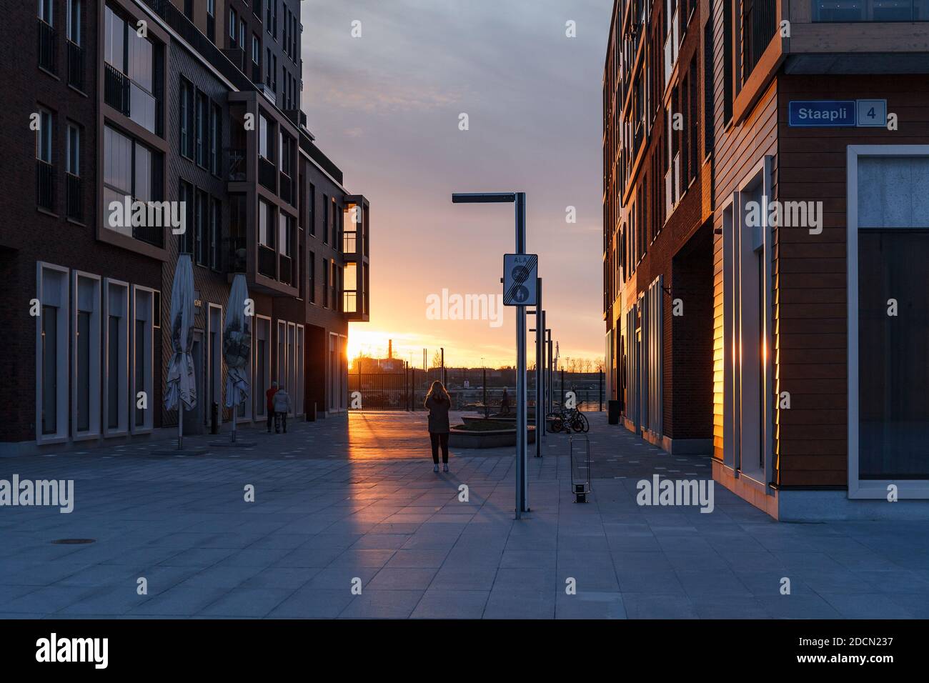 A new residential area at Port Noblessner. Spring sunset time Stock ...