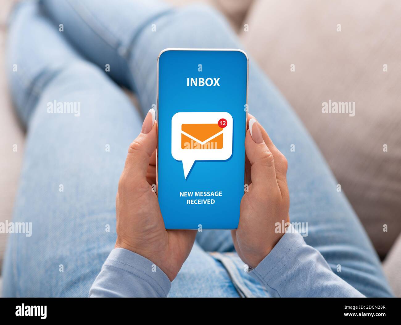 Collage with woman receiving new emails on her smartphone, close up of ...