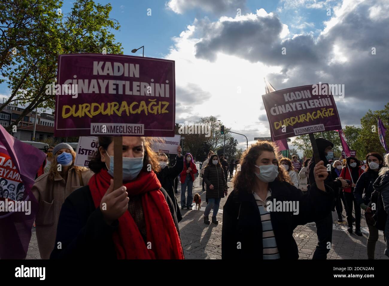 Istanbul, Turkey. 22nd Nov, 2020. Women wearing face masks hold ...