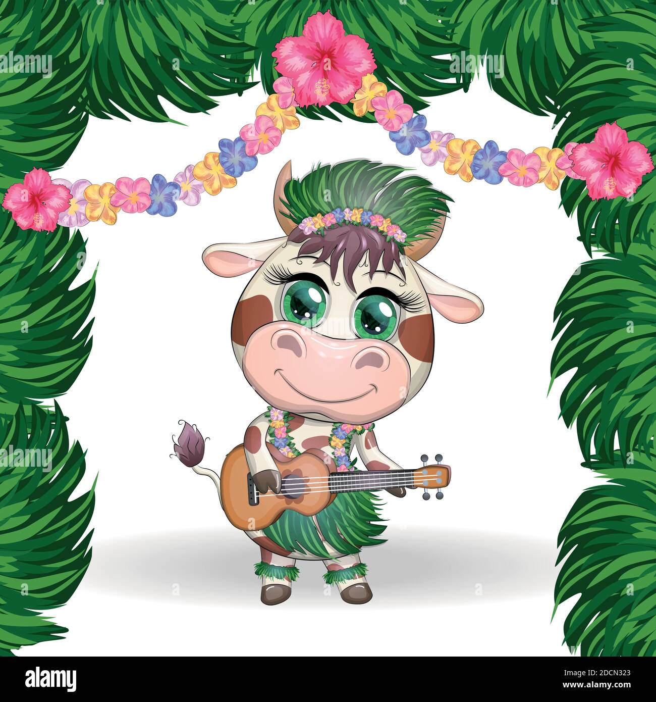 Cute cartoon bull, cow with beautiful eyes, Hawaiian hula dancer ...
