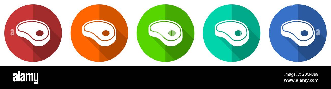 Meat, steak vector icon set, red, blue, green and orange flat design ...