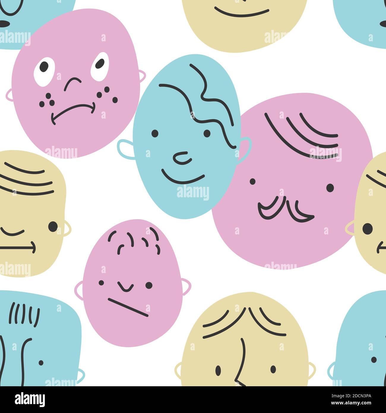 Seamless hand drawn pattern with different faces. Background with ...